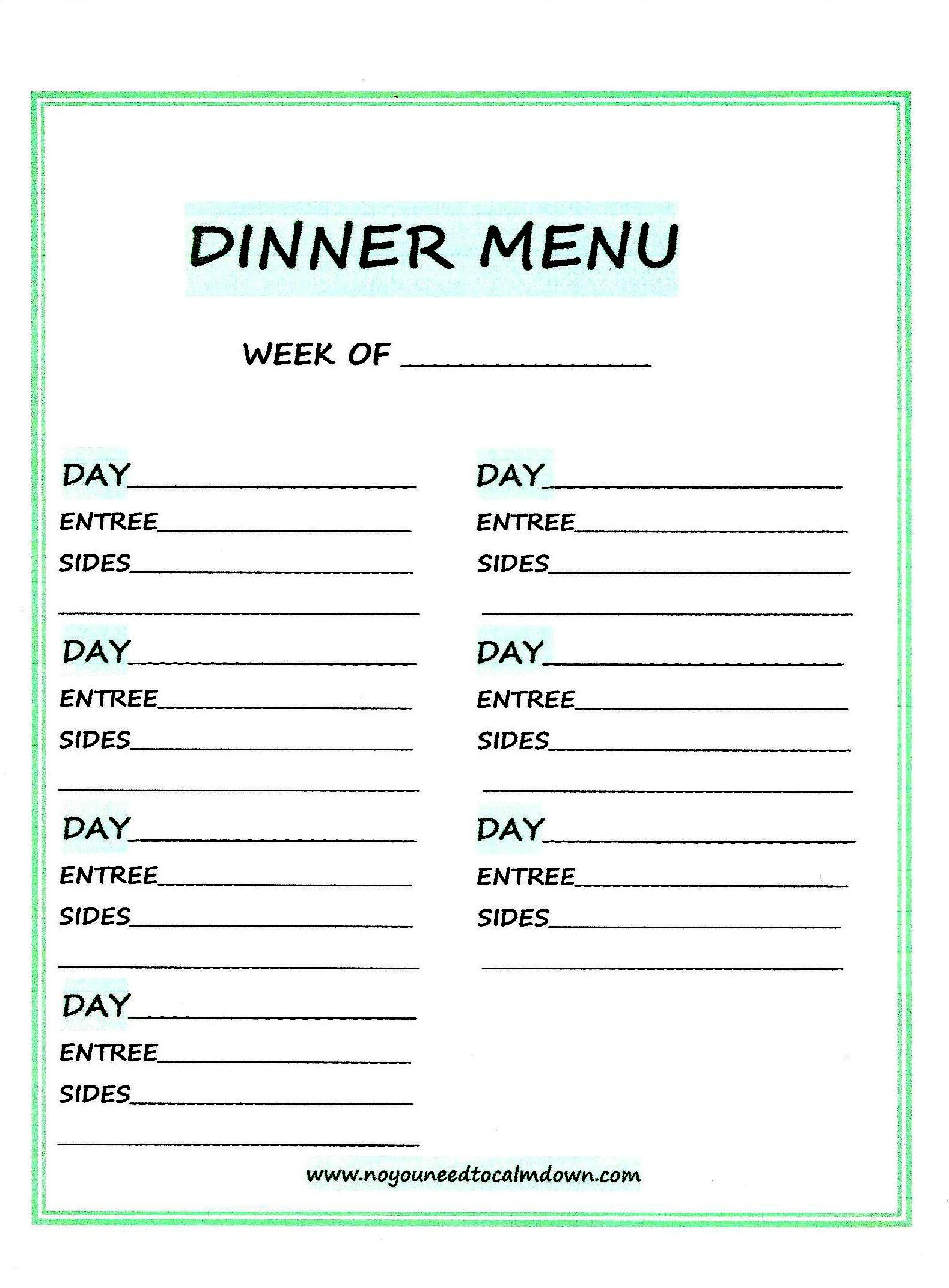 Weekly Dinner Menu - Free Printable | No, YOU Need To Calm Down!